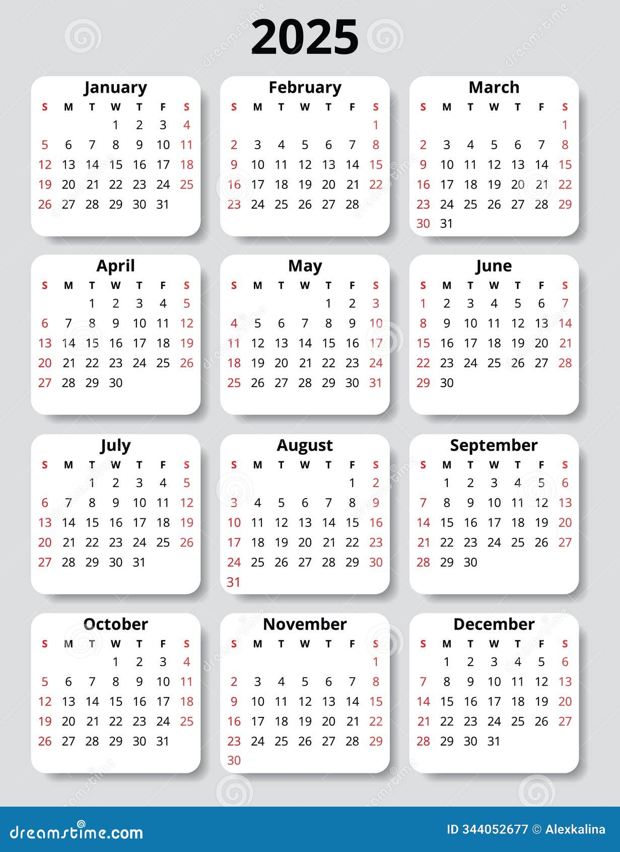 2025 Year English Vector Annual Calendar with Months Stock Vector ...