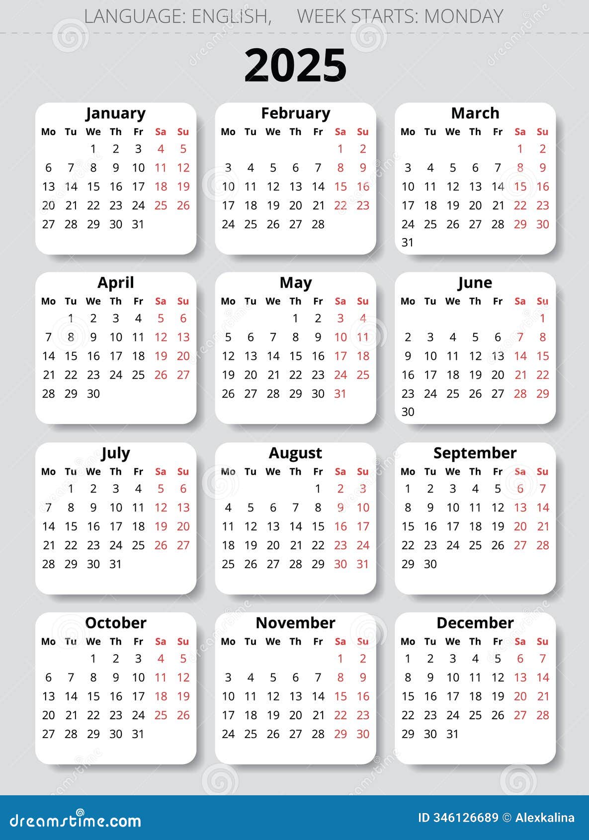 2025 Year English Vector Calendar 12 Months. Week Starts Monday Stock ...