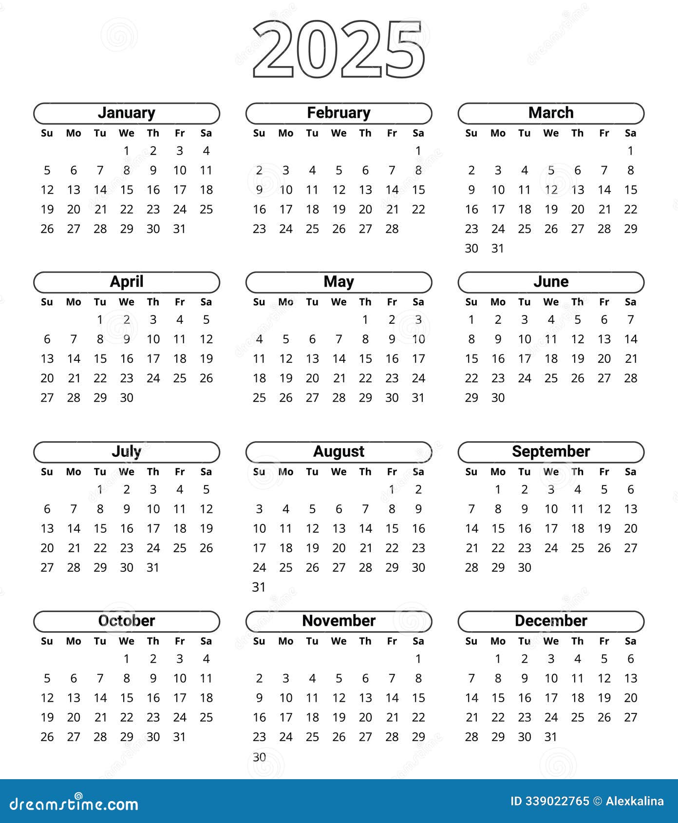 2025 Year English Vector Simple Calendar 12 Months Stock Vector ...