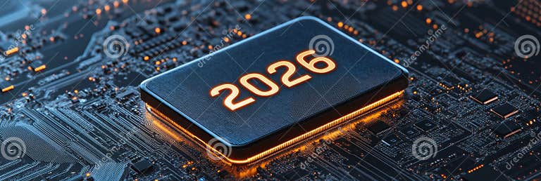 2026 Year on Futuristic CPU Microchip. Glowing Digital Processor ...
