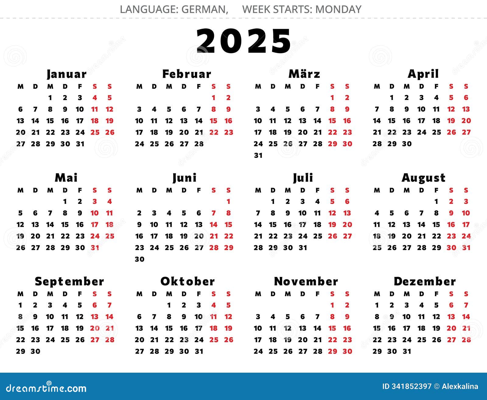 2025 Year GERMAN Calendar - Deutsch Kalender. Vector Illustration ...