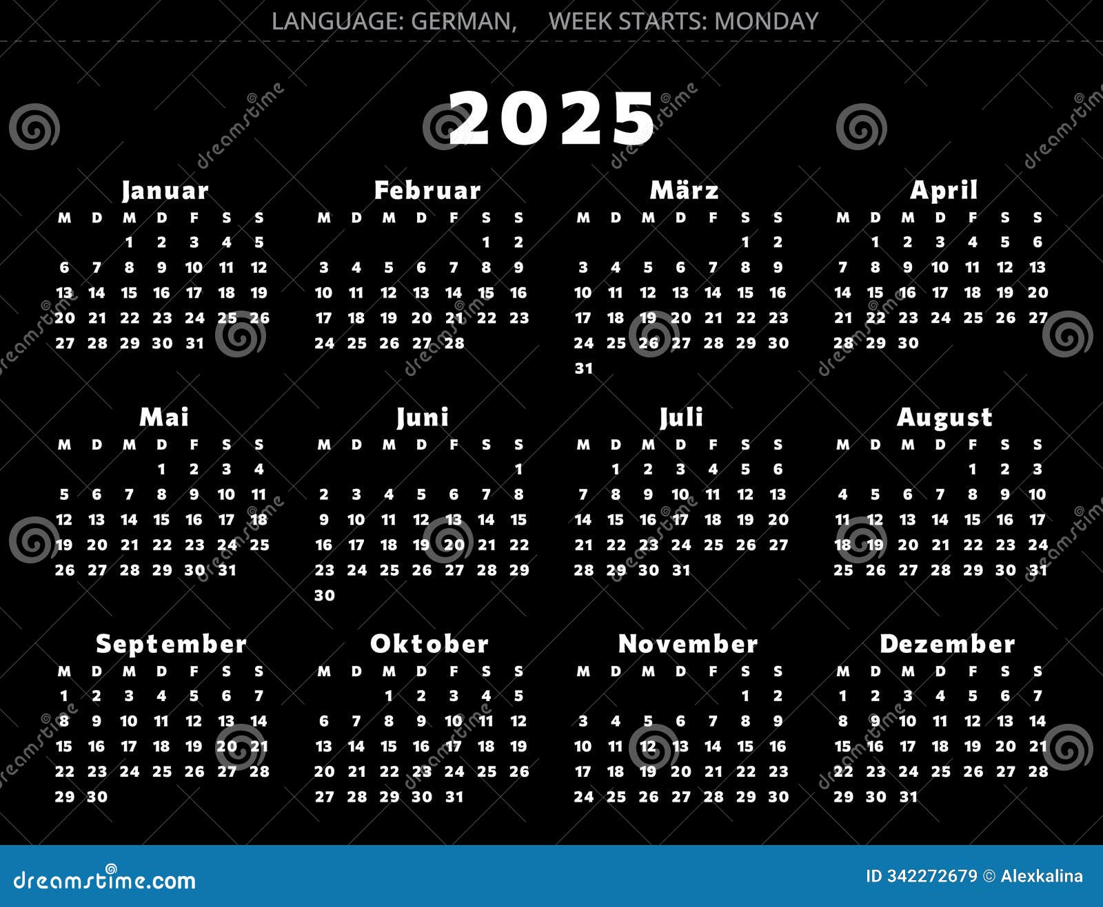 2025 Year GERMAN Calendar - Kalender. Vector Illustration For Germany ...