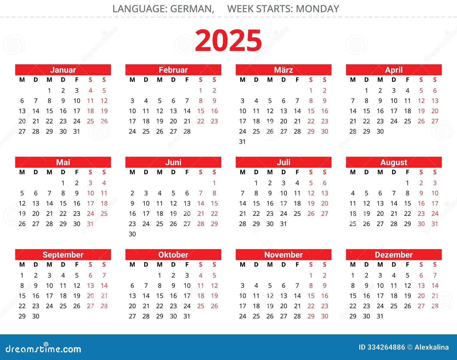2025 Year German Calendar. Printable Vector Illustration Germany In Red ...