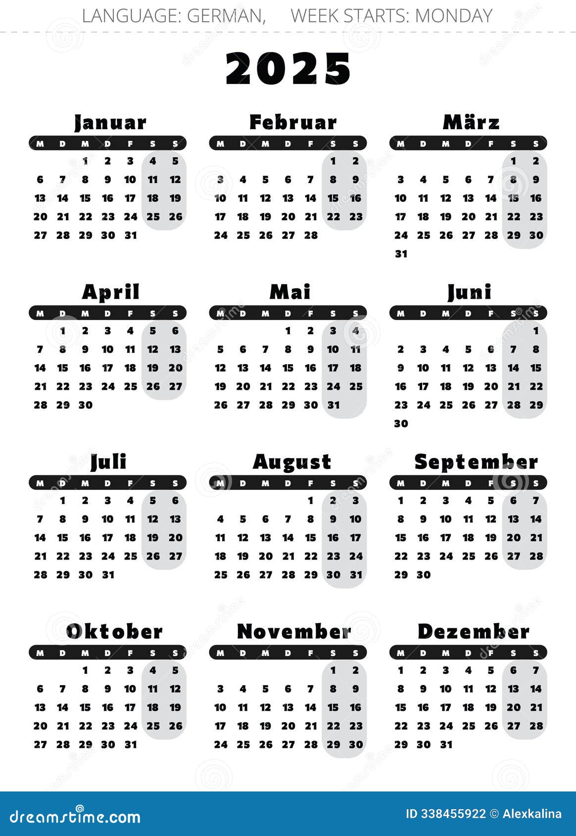 2025 Year GERMAN Calendar. Vector Illustration for Germany, Dark Colors ...