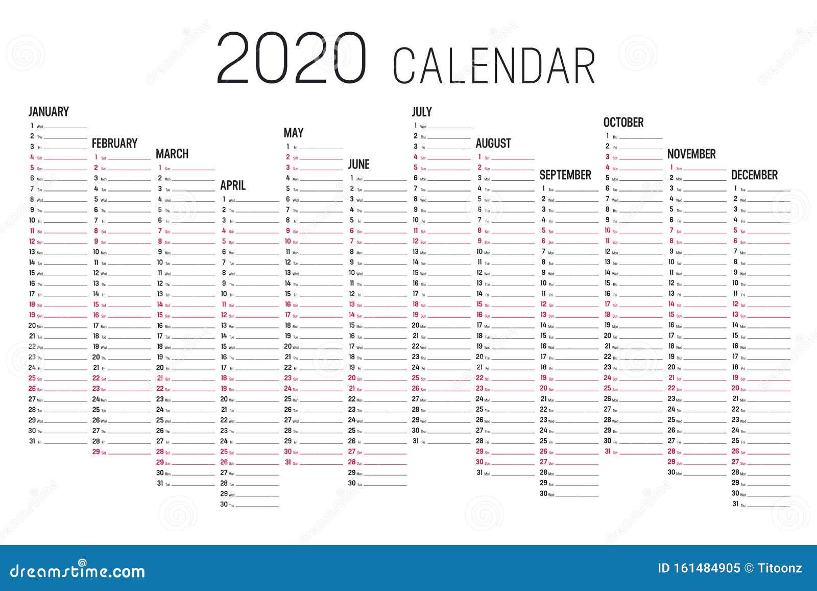 Year 2020 Horizontal Unaligned Calendar Stock Vector - Illustration of ...