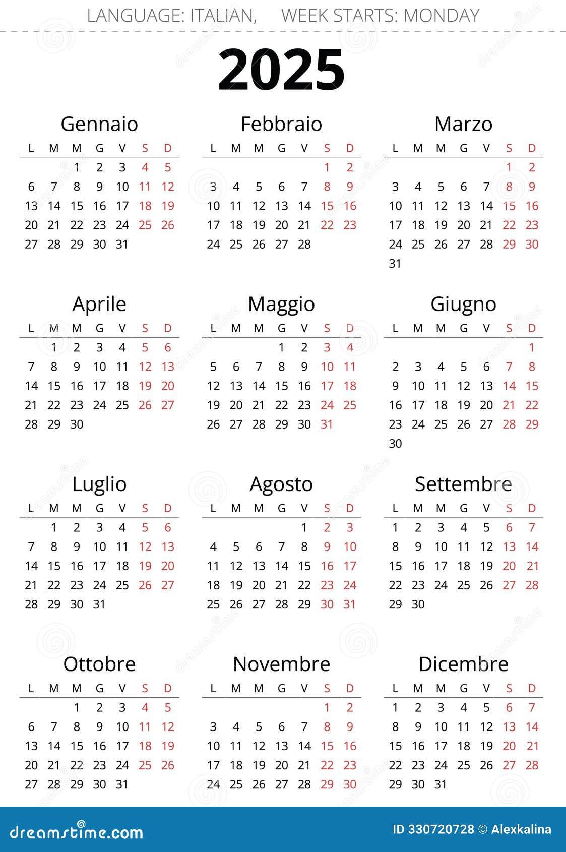 2025 Year Italian Calendar. Printable Vector Illustration Italy Stock ...