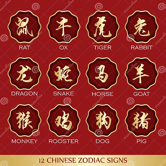 12 Chinese Zodiac Signs Design Stock Vector - Illustration of asia ...