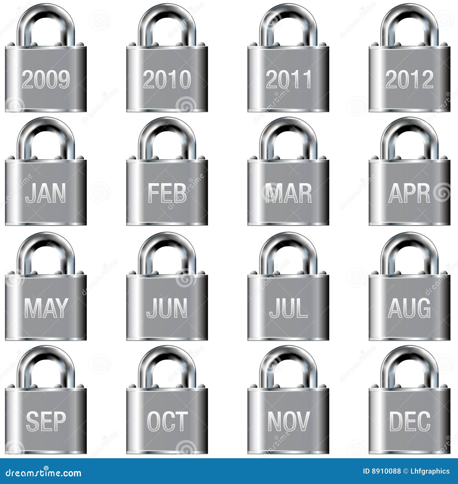 Year and Month Calendar Icons on Lock Buttons Stock Vector ...