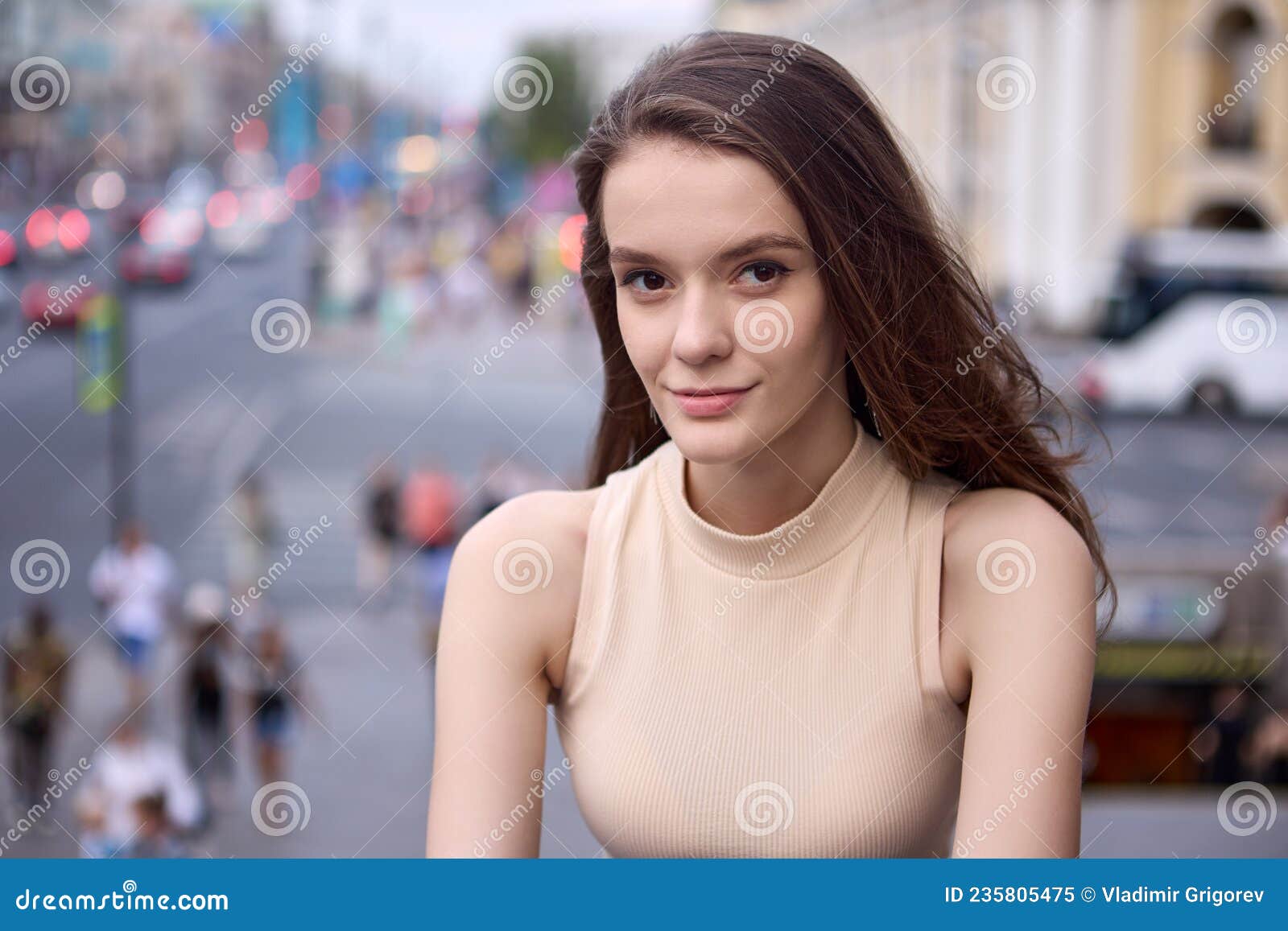 18 Year Old Woman On Busy City Street With Traffic And Crowd Stock