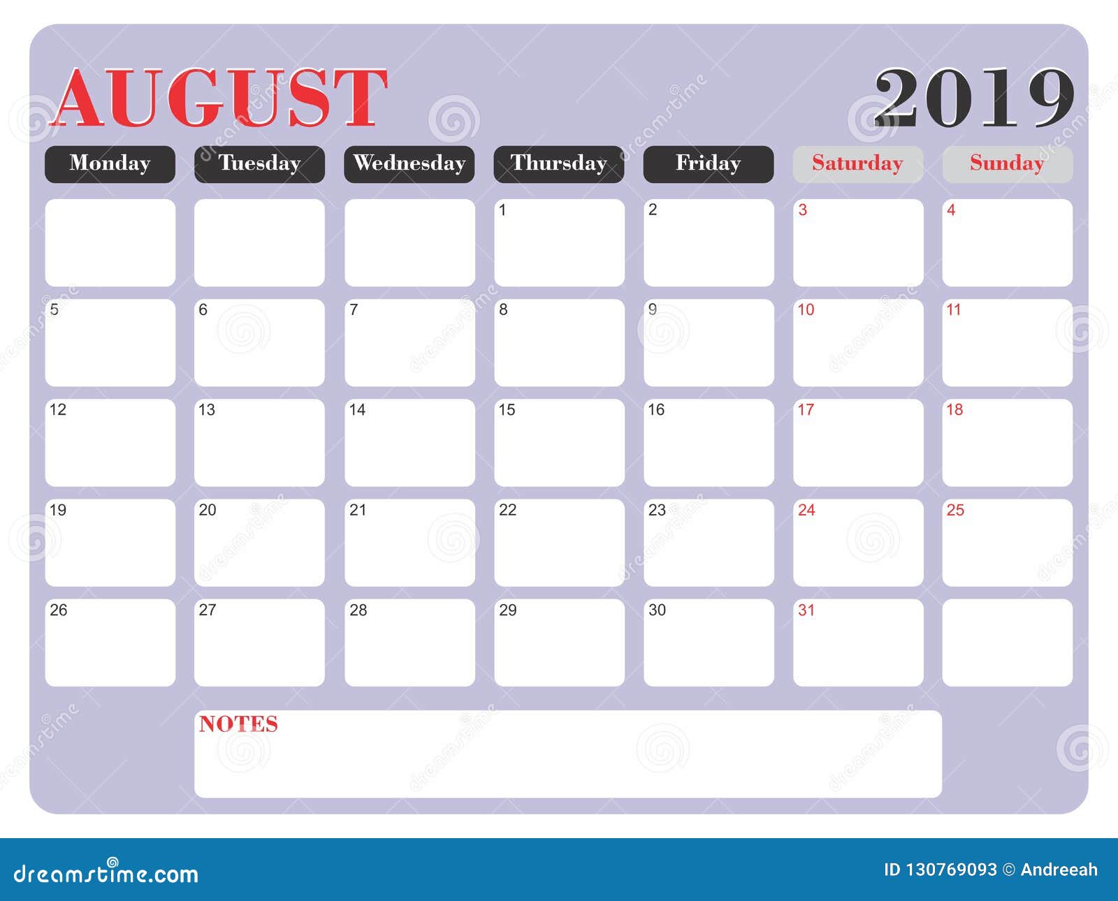 2019 Big Planner Calendar - Vector August Stock Vector - Illustration ...