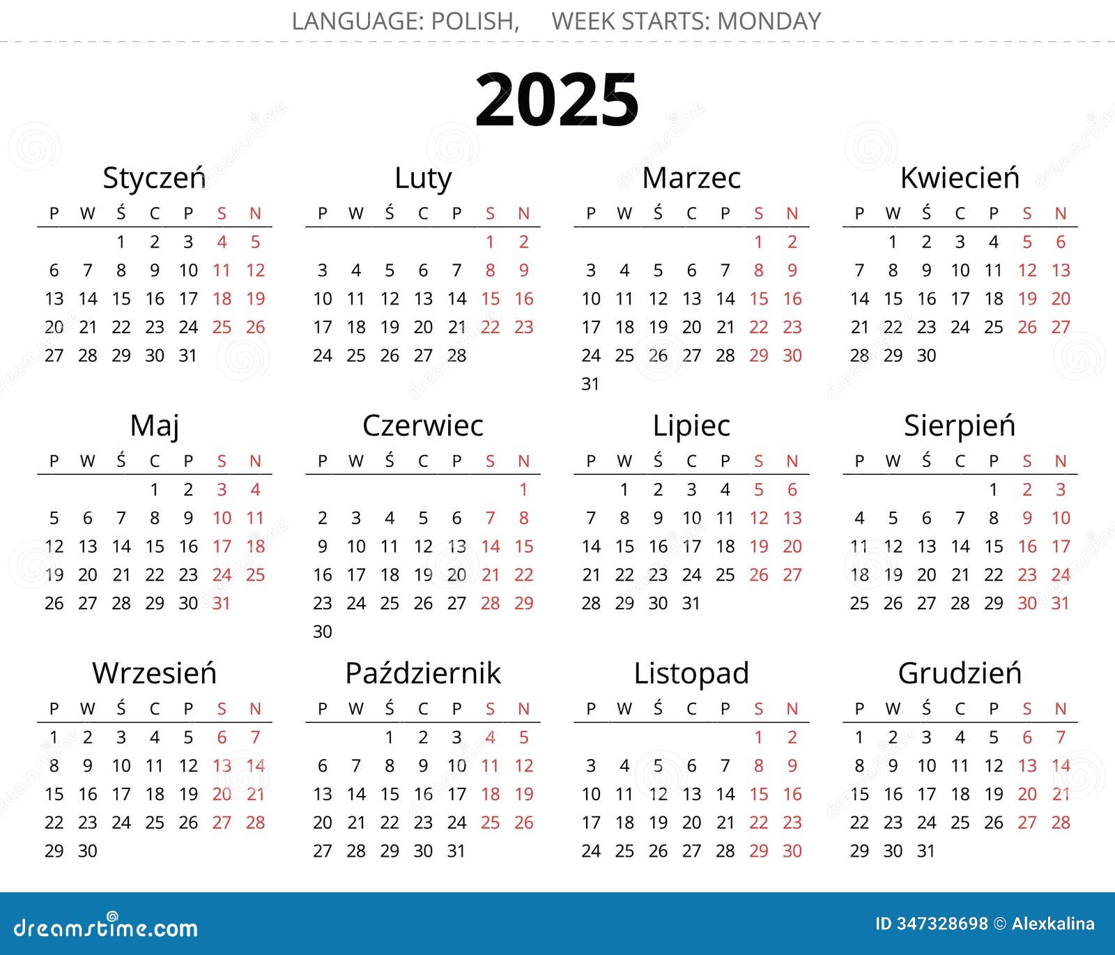 2025 Year Polish Calendar. Printable Vector Illustration For Poland ...