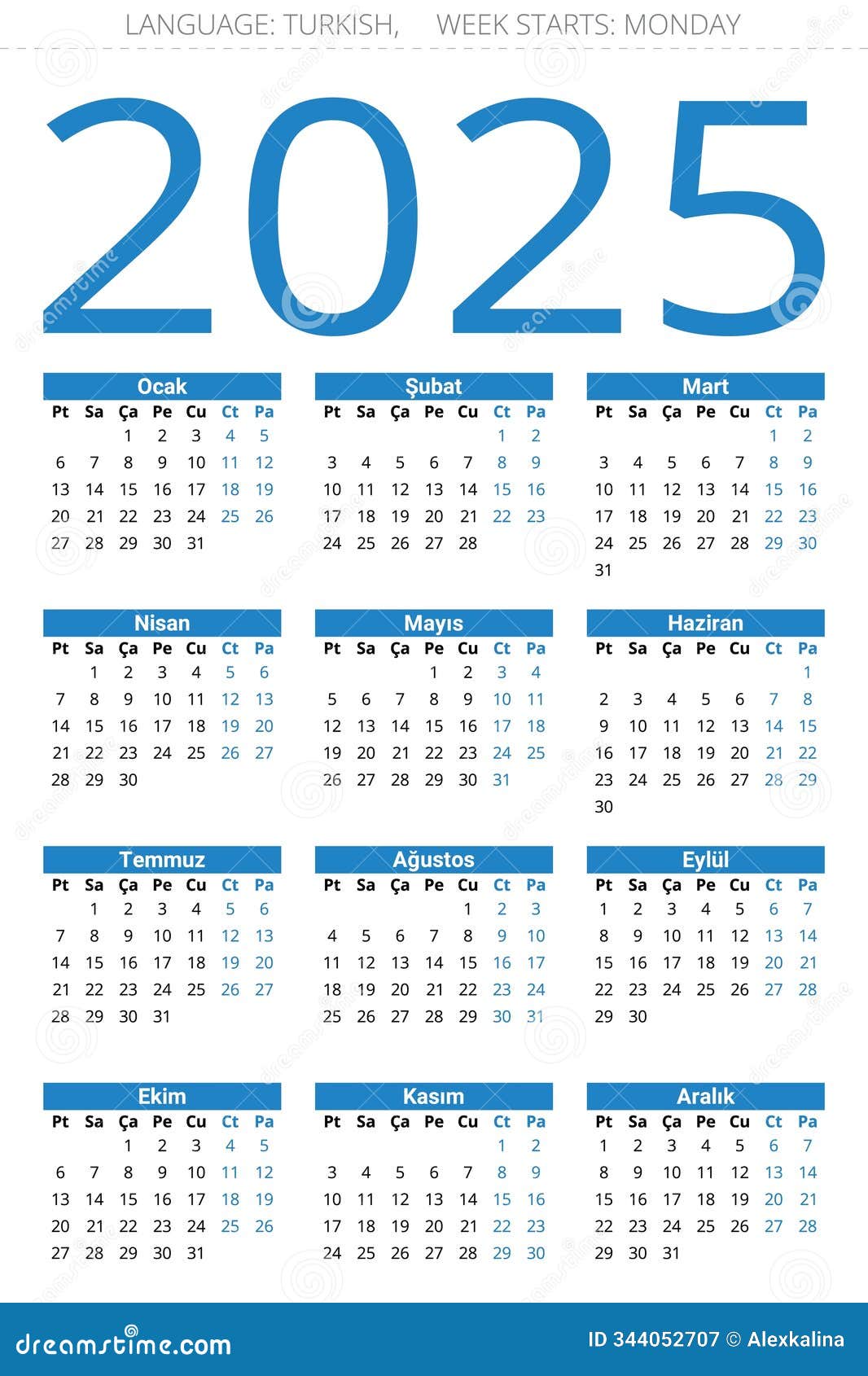 2025 Year Turkish Annual Calendar (takvim). Vector Printable ...
