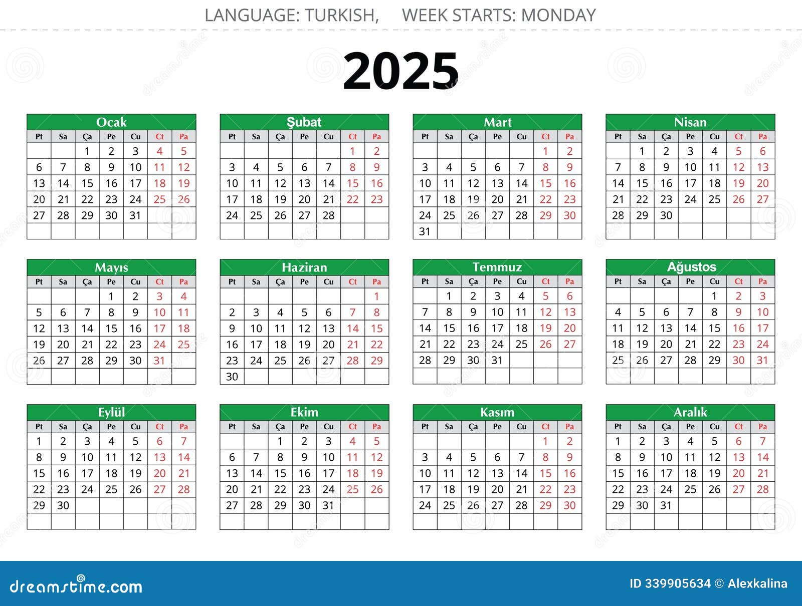 2025 Year Turkish Calendar. Printable Vector Illustration For Turkey ...