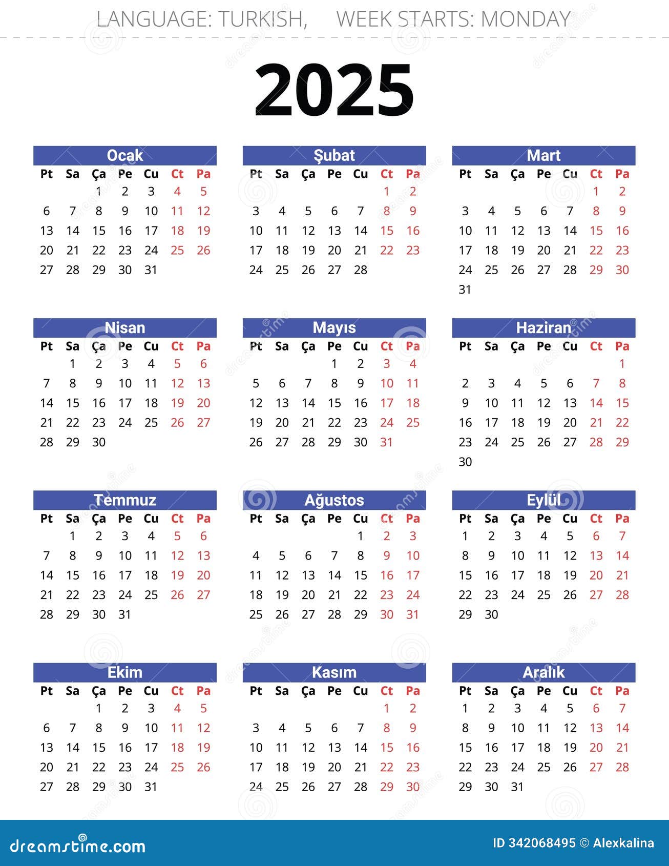 2025 Year Turkish Calendar - Takvim. Printable Vector Illustration ...