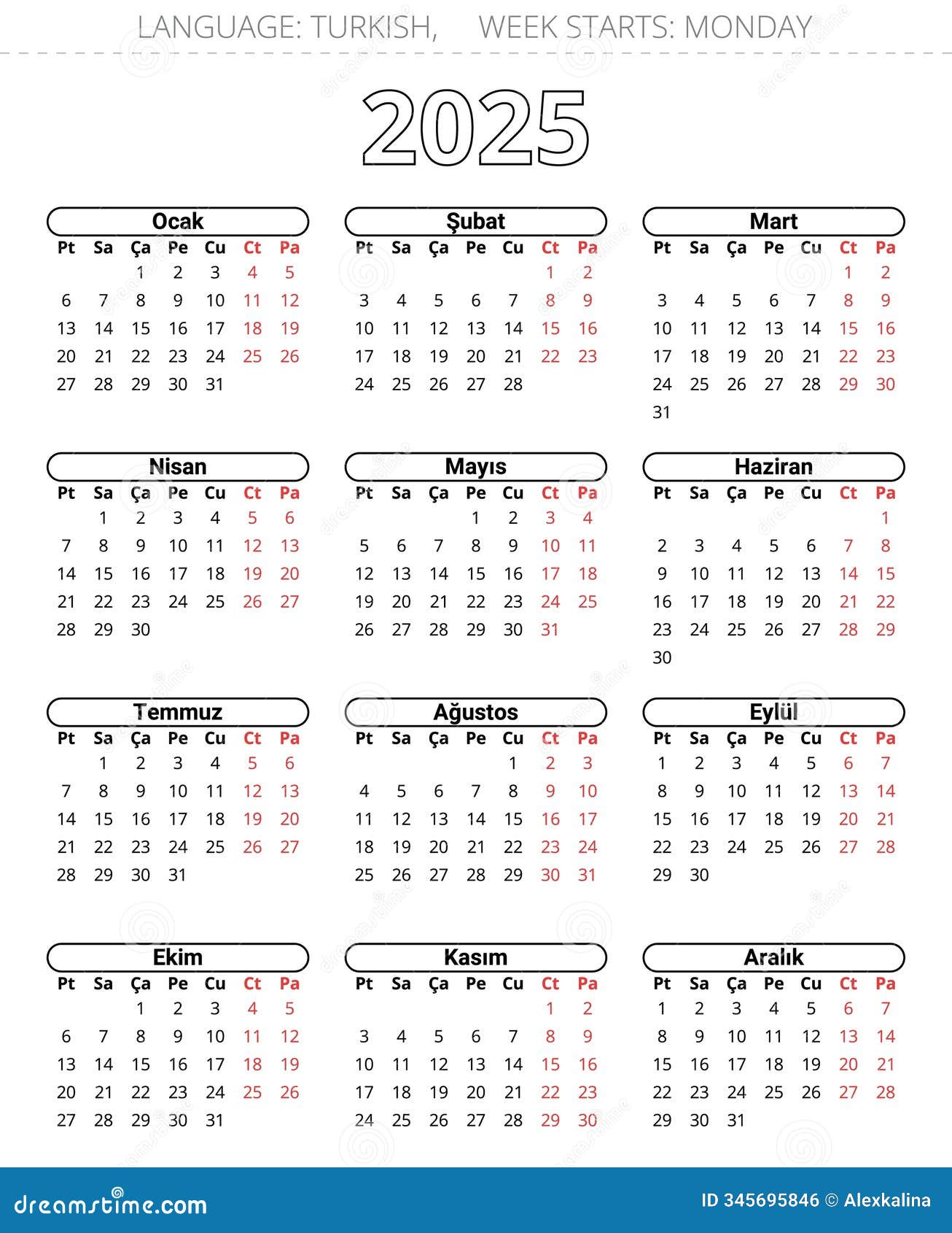 2025 Year Turkish Calendar - Takvim. Printable Vector Illustration ...