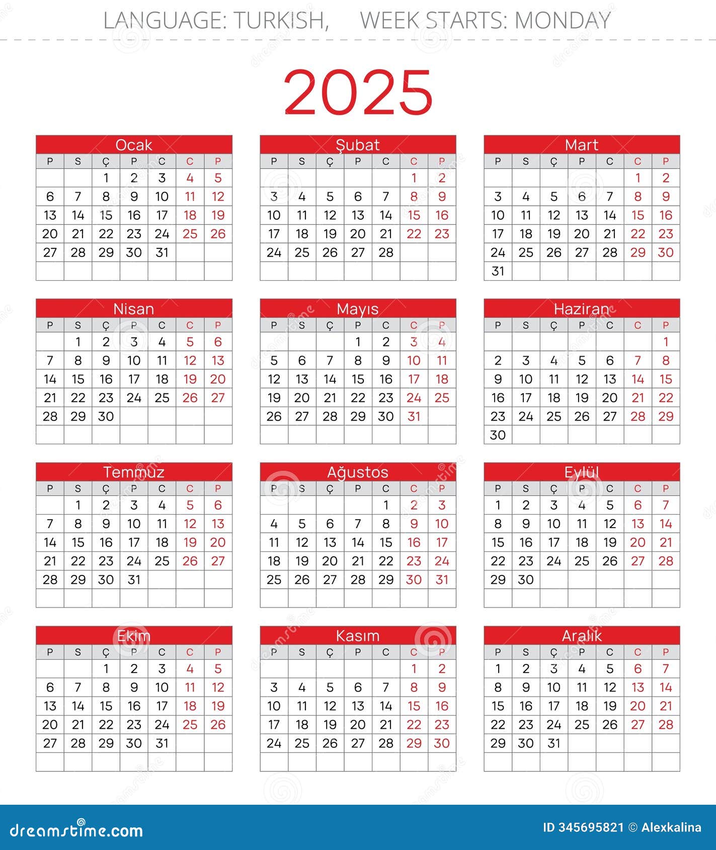 2025 Year Turkish Calendar (takvim). Vector Printable Illustration ...