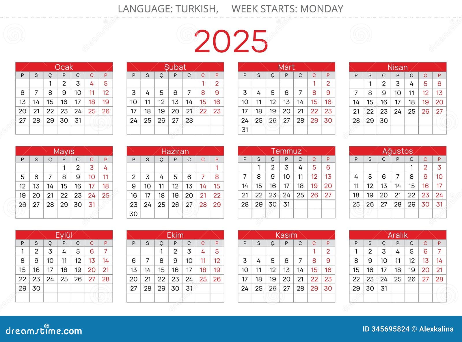 2025 Year Turkish Calendar (takvim). Vector Printable Illustration ...