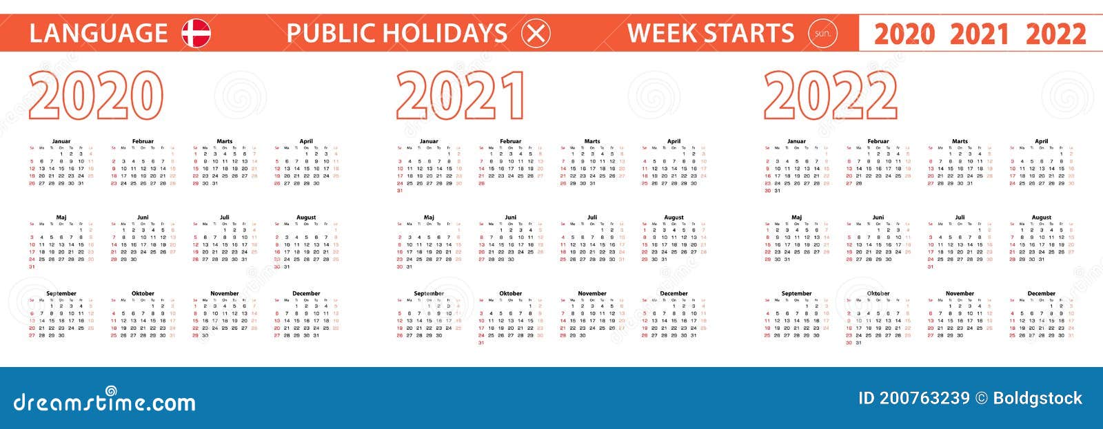 2020, 2021, 2022 Year Vector Calendar in Danish Language, Week Starts ...