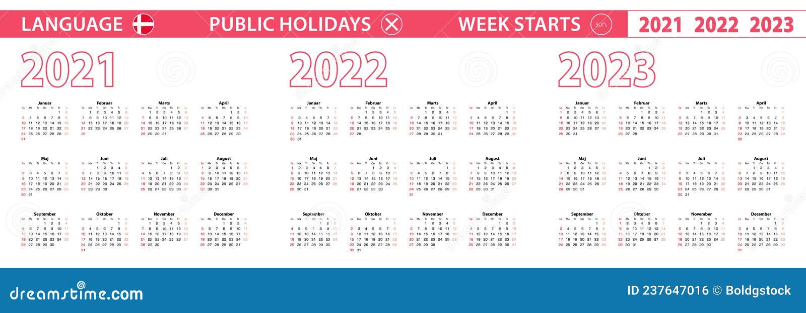 2021, 2022, 2023 Year Vector Calendar in Danish Language, Week Starts ...