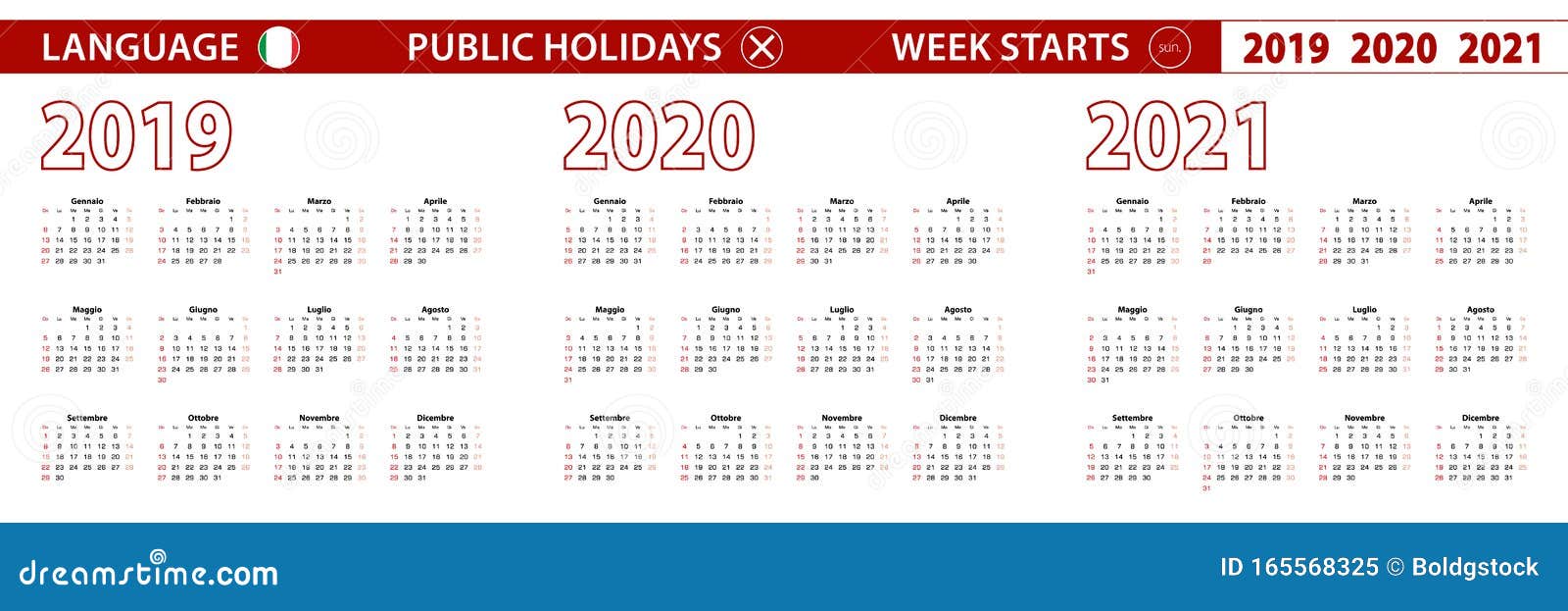 2019, 2020, 2021 Year Vector Calendar in Italian Language, Week Starts ...