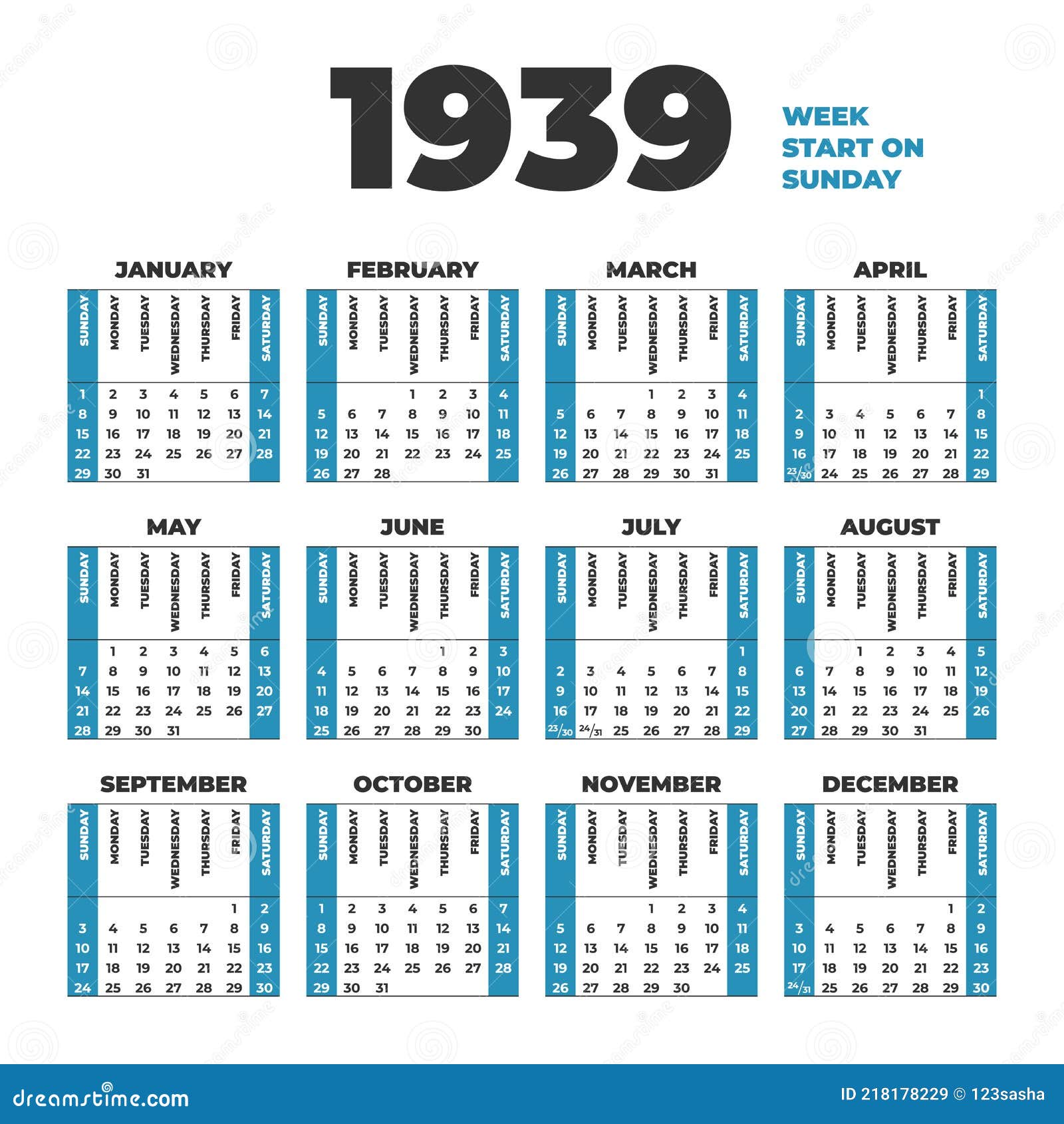 1939 Year Vector Calendar. Weeks Start on Monday Stock Vector ...