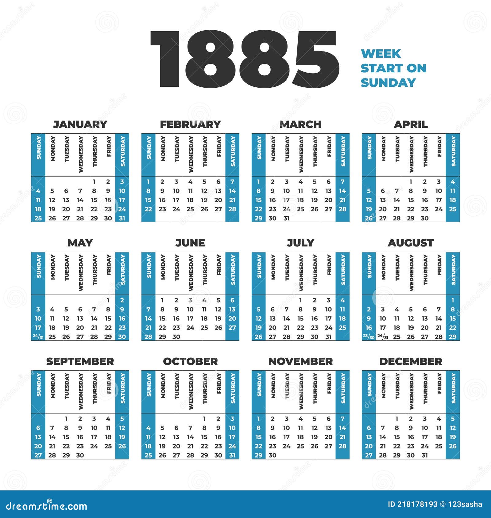1885 Year Vector Calendar. Weeks Start on Sunday Stock Vector ...