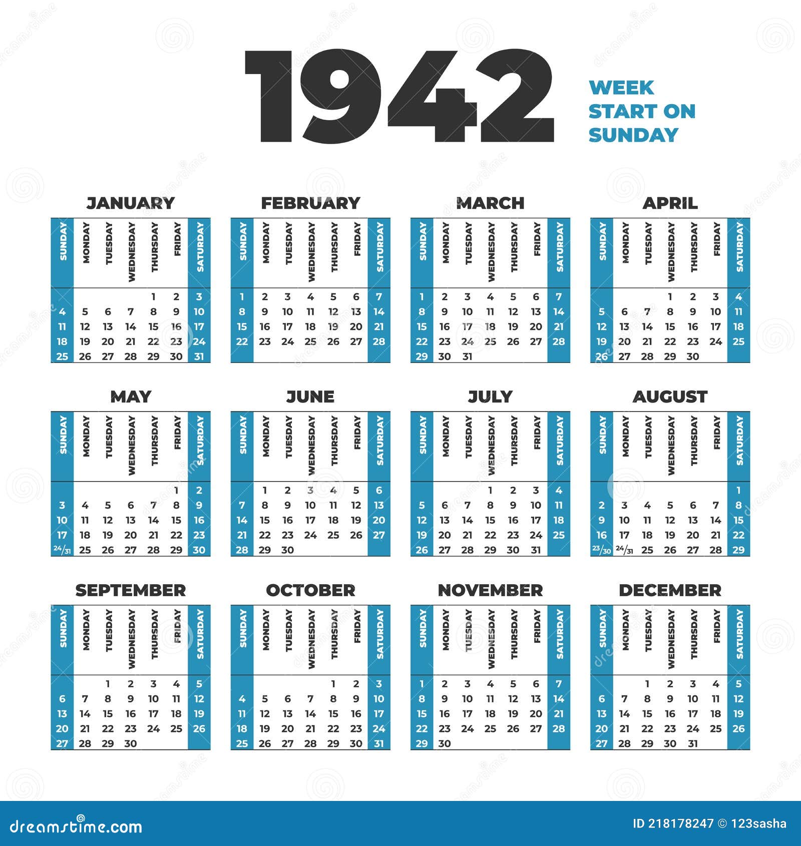 1942 Year Vector Calendar. Weeks Start on Sunday Stock Vector ...