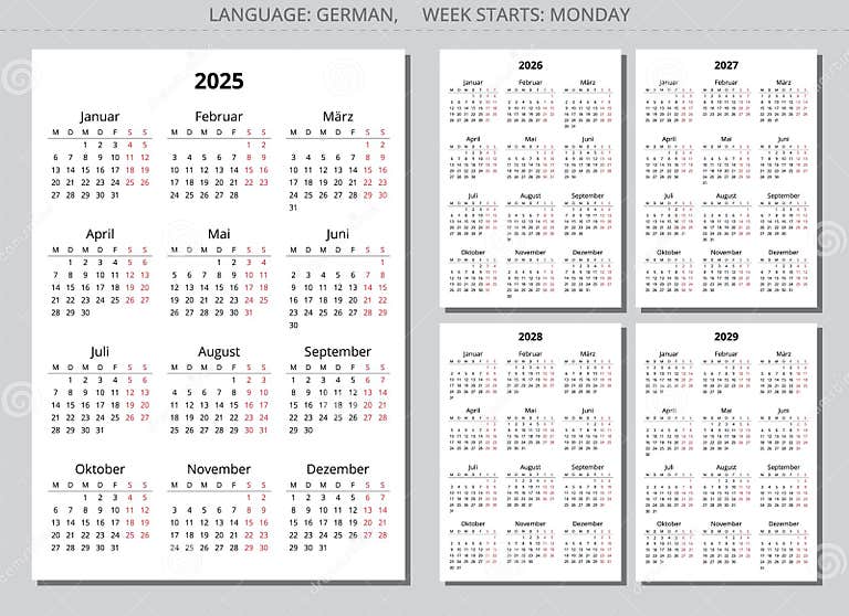 2025, 2026, 2027, 2028, 2029 Year Vertical German Calendars with Shadow ...