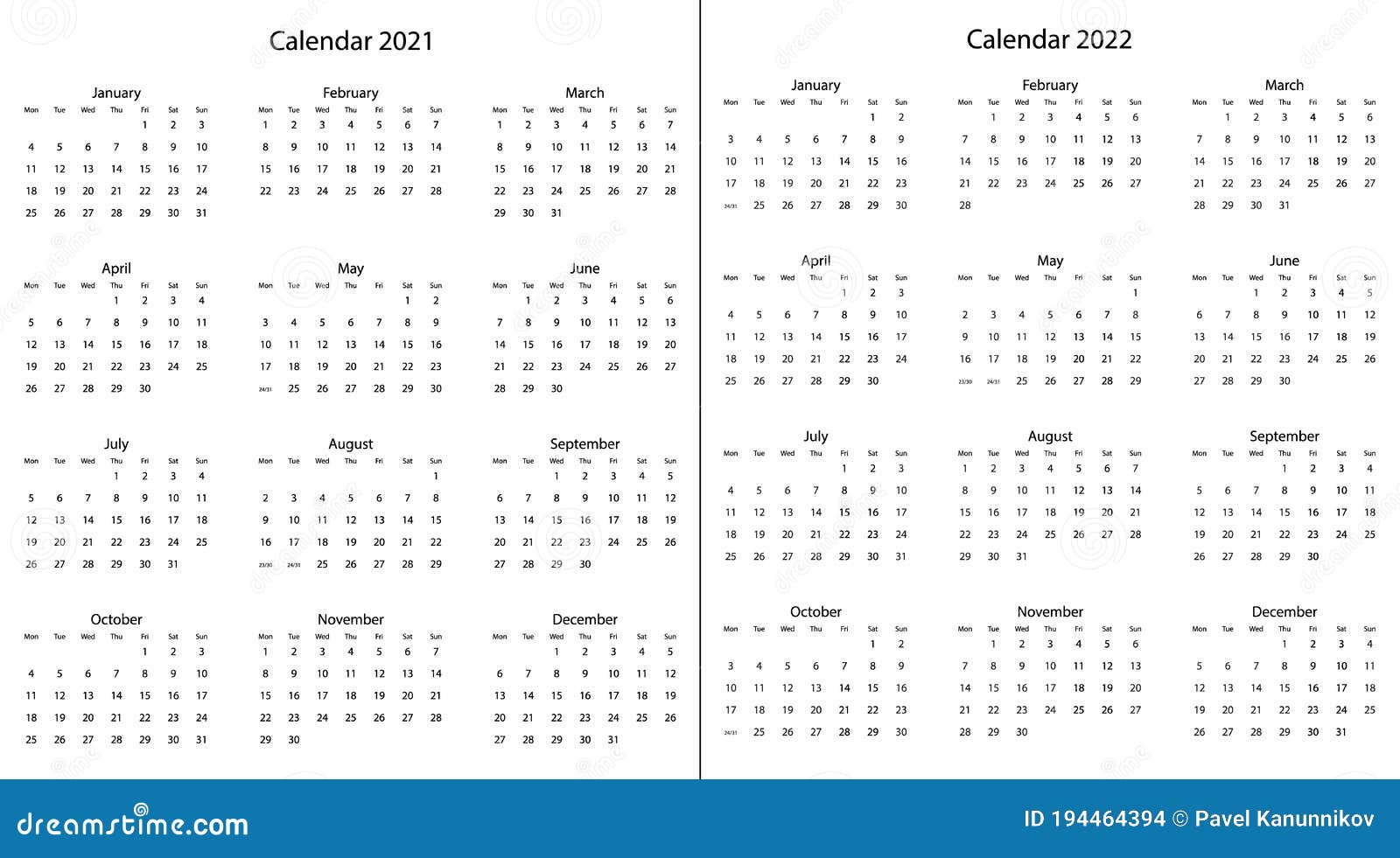 2021, 20220 Yearly Calendar - 12 Months Yearly Calendar Vector Eps ...