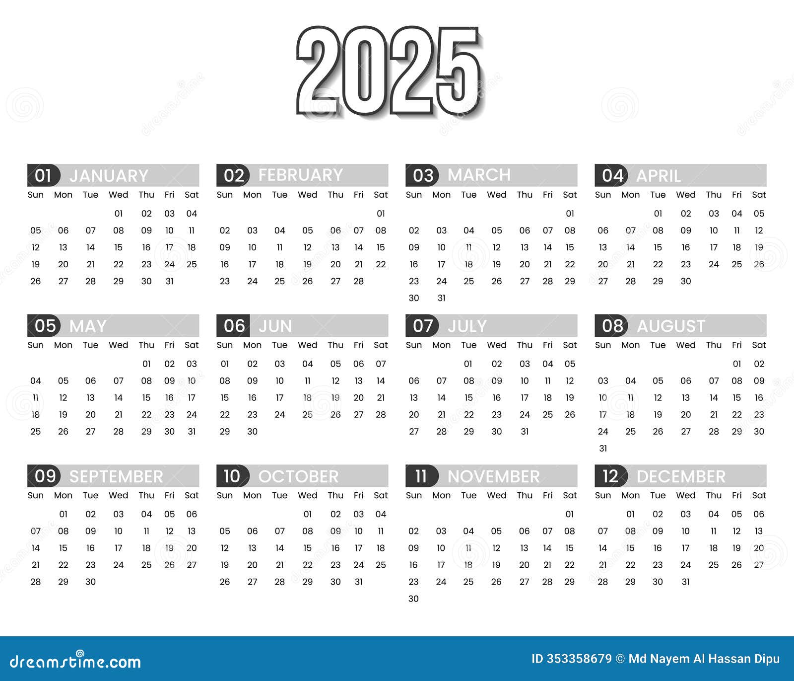 2025 Yearly Calendar in Simple Monochrome Design Stock Vector ...