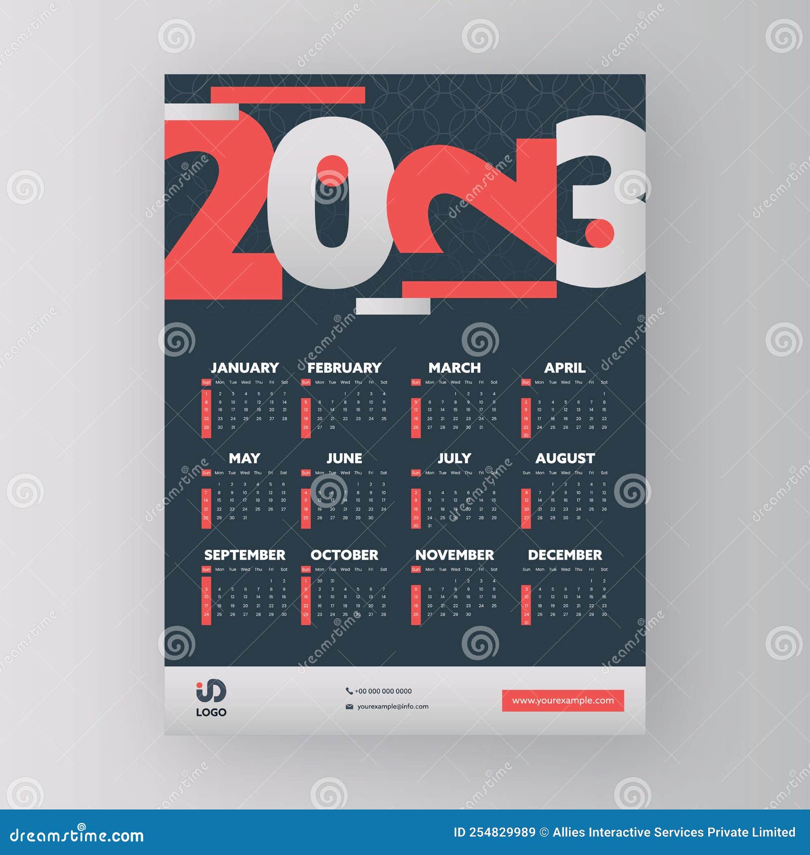 Yearly Calendar 2023 Week Starts From Sunday Cartoon Vector ...