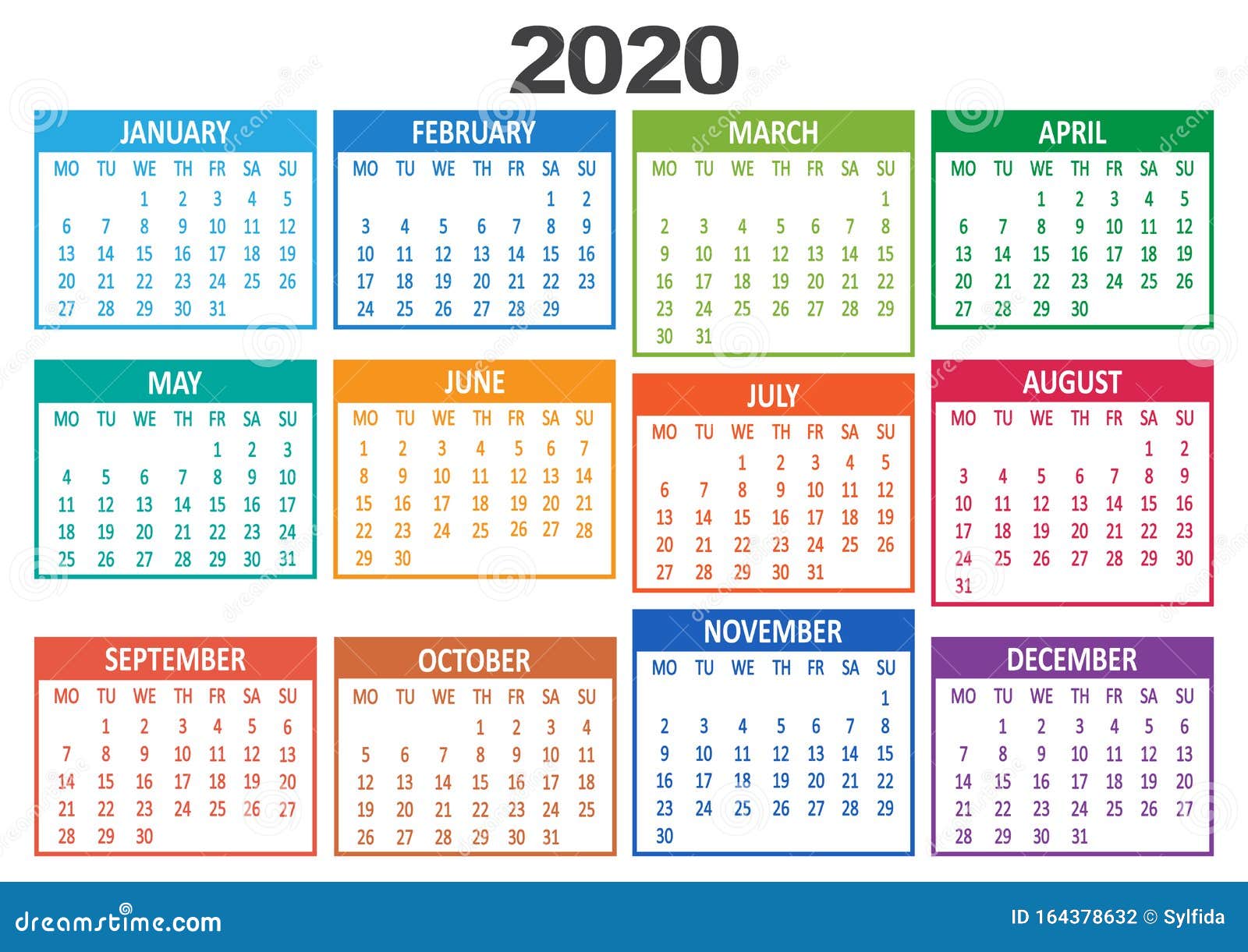 Yearly Calendar 2020. Week Starts from Monday Stock Illustration ...