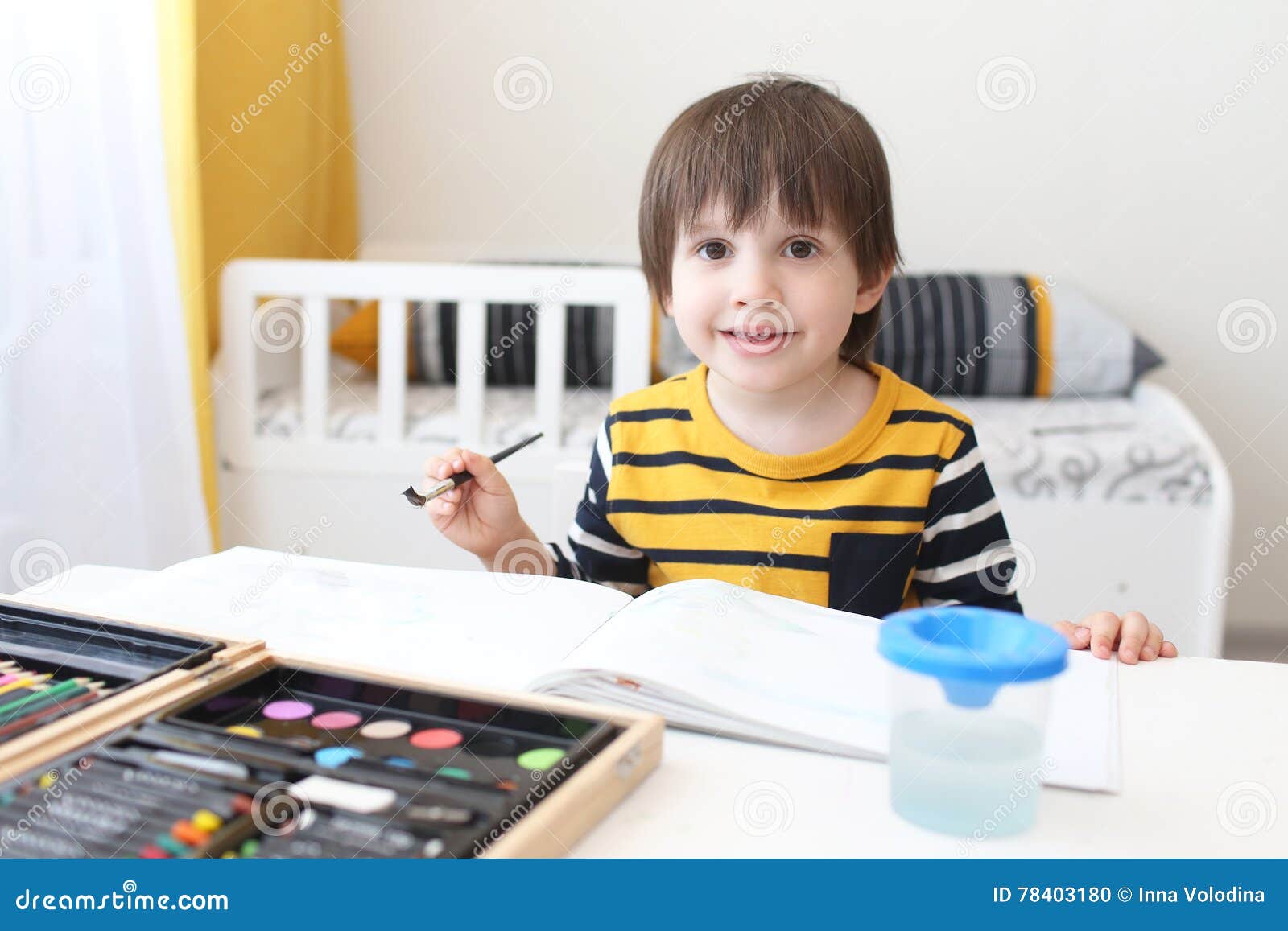 3 Years Boy is Painting with Watercolor Stock Photo - Image of ...