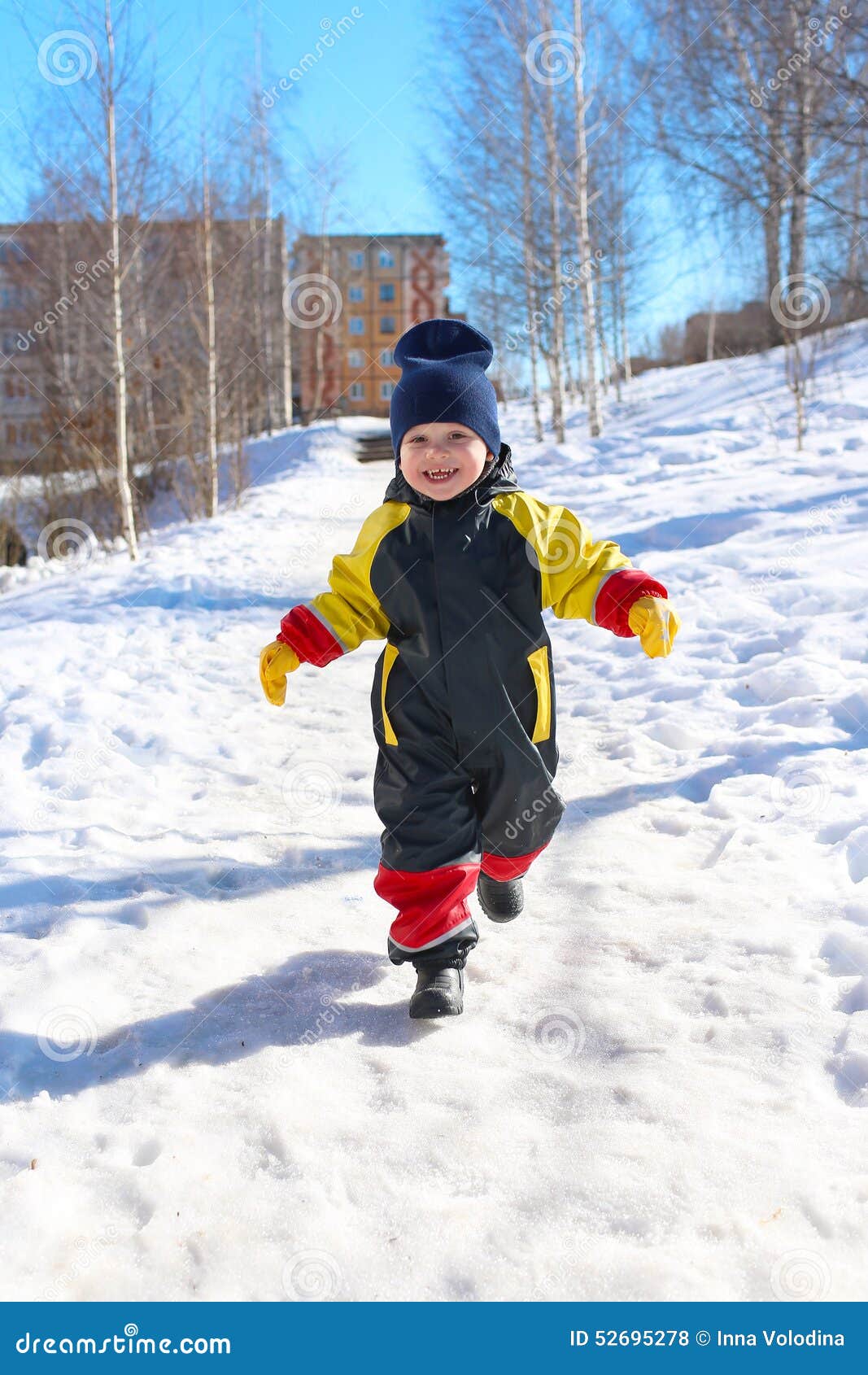 2 Years Child in Overall Running in Winter Stock Photo - Image of ...