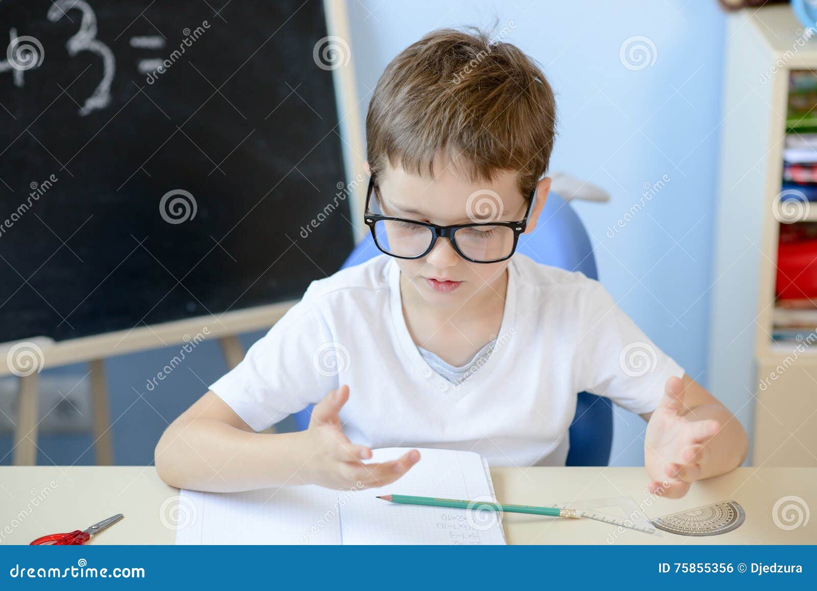 7 Years Old Boy Counting on Fingers. Stock Photo - Image of classroom ...