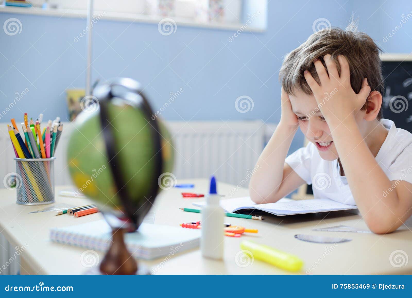 7 Years Old Boy Doing His Homework Stock Image - Image of board ...