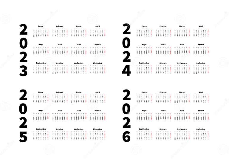 2023, 2024, 2025, 2026 Years Simple Horizontal Calendars Set in Spanish ...