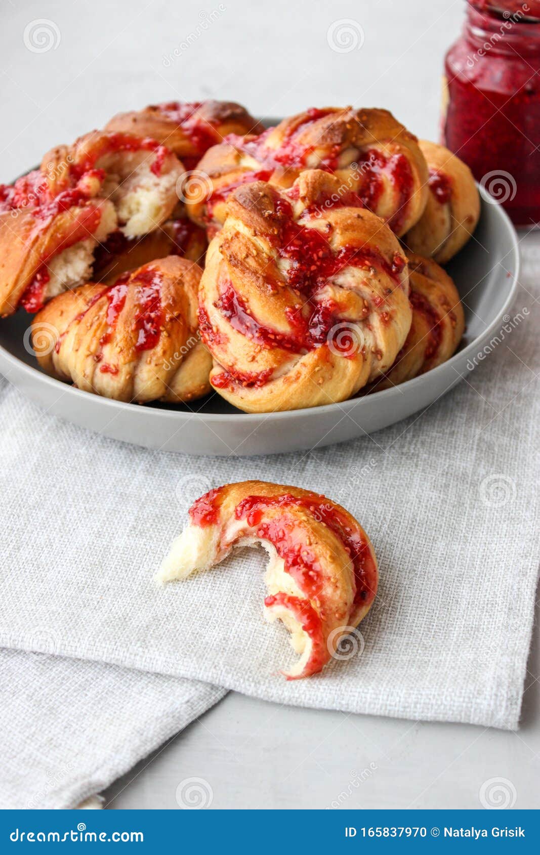 Yeast Buns with Raspberry Jam Stock Photo - Image of product, juicy ...