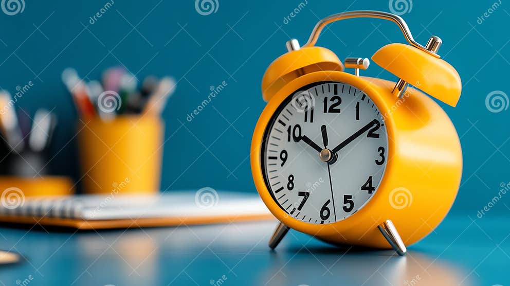 Yellow Alarm Clock on a Blue Table, Emphasizing Time Management Stock ...
