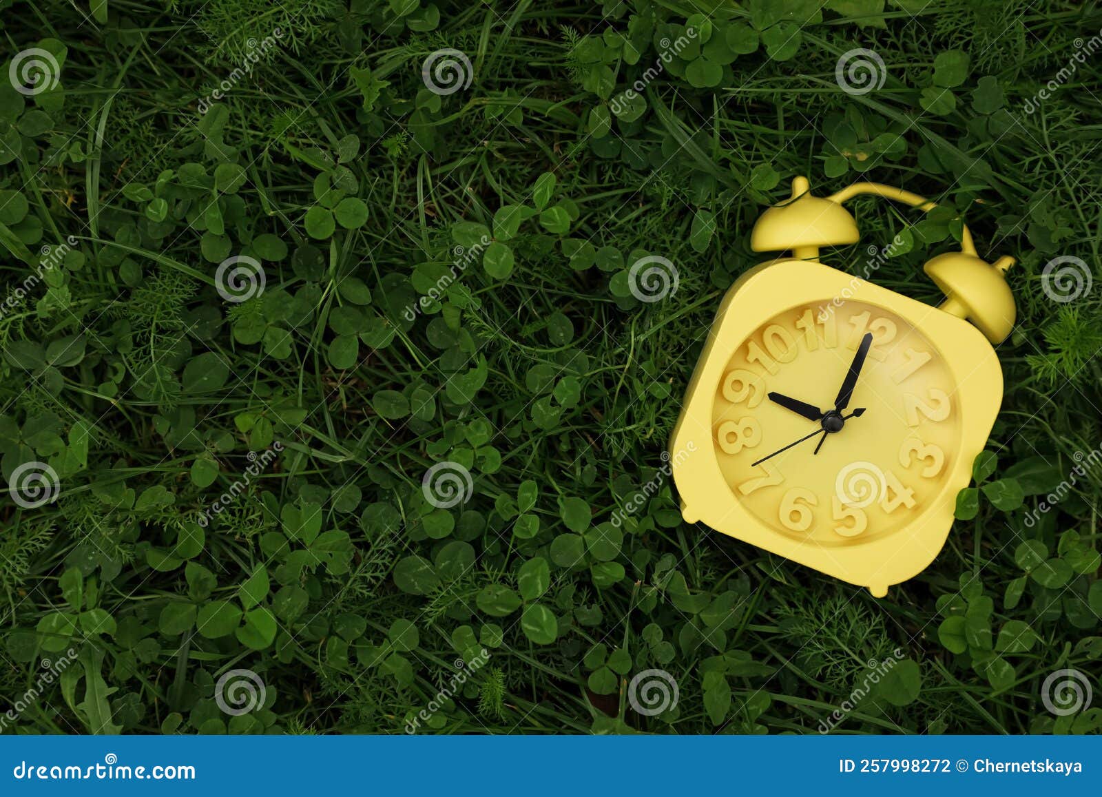 Yellow Alarm Clock on Green Grass Outdoors, Top View. Space for Text ...