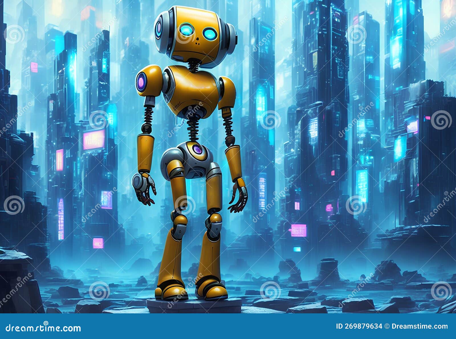 Yellow Android Robot And Cyber Megacity Buldings Generative Ai