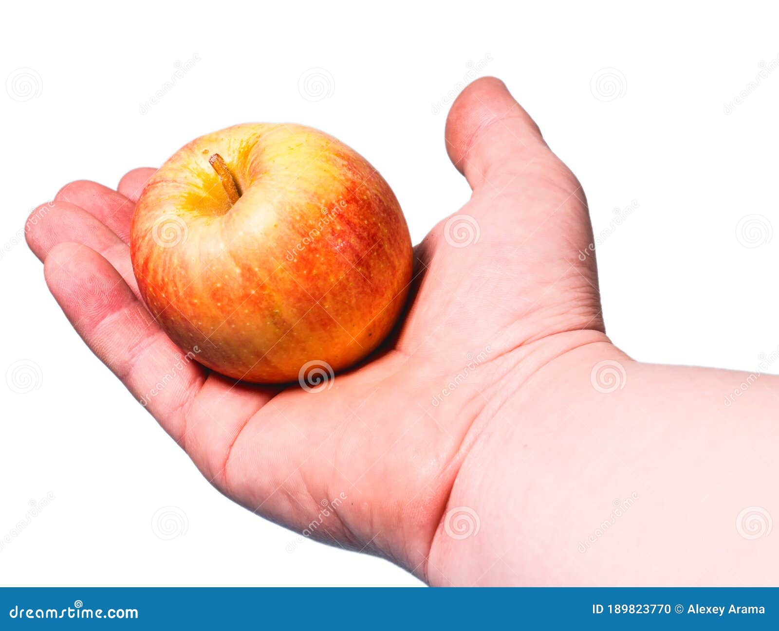 The Yellow Apple with Red Spots Lies in a Hand on a White Background in ...