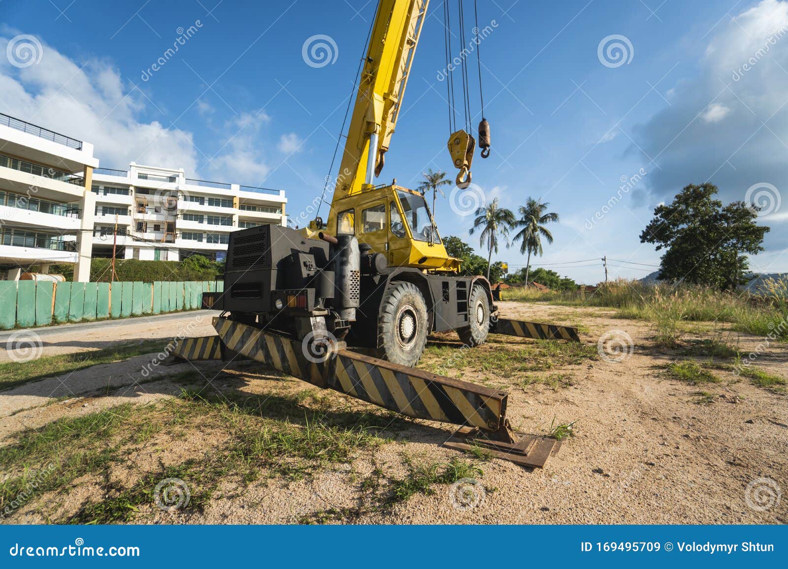 Yellow Automobile Crane With Risen Telescopic Boom Outdoors. Mobile ...