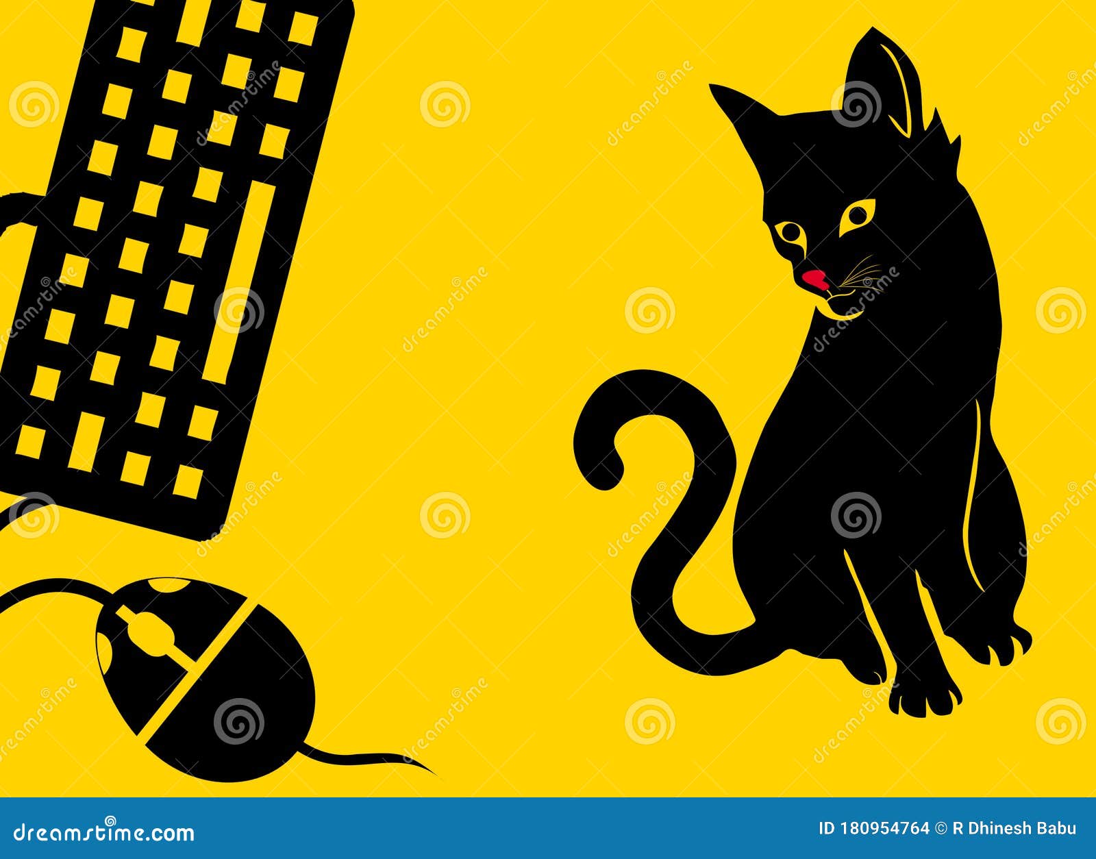 Yellow Background Cat with Computer Mouse Stock Illustration ...