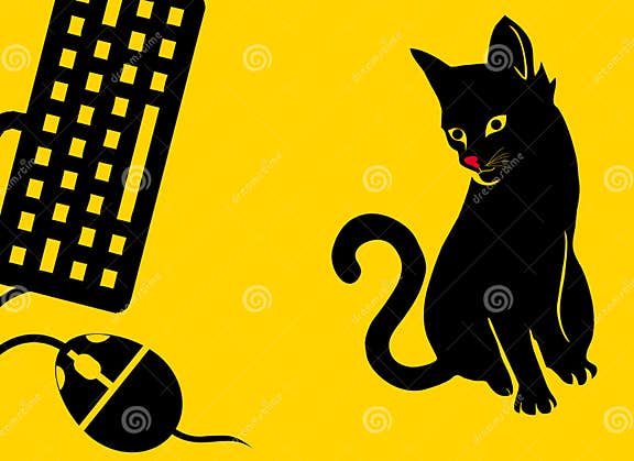 Yellow Background Cat with Computer Mouse Stock Illustration ...