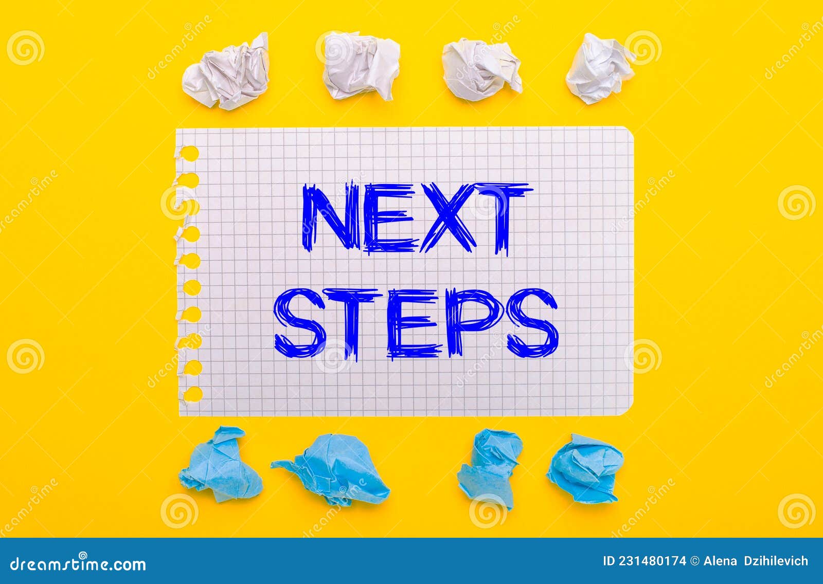 On a Yellow Background, White and Blue Crumpled Pieces of Paper and a ...