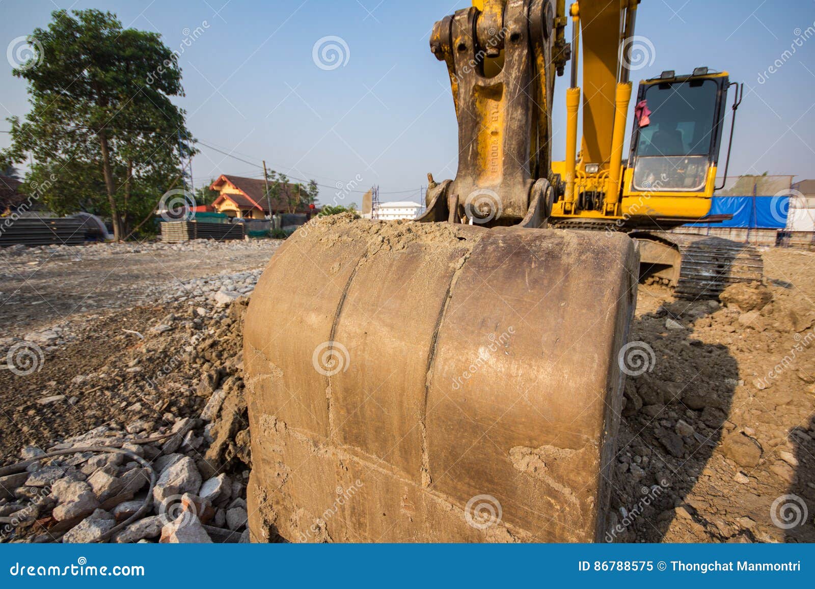 Yellow Backhoe Loader on Construction Site and Work Stock Image - Image ...