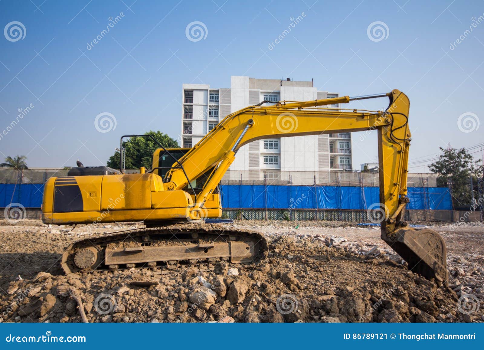 Yellow Backhoe Loader on Construction Site and Work Stock Image - Image ...