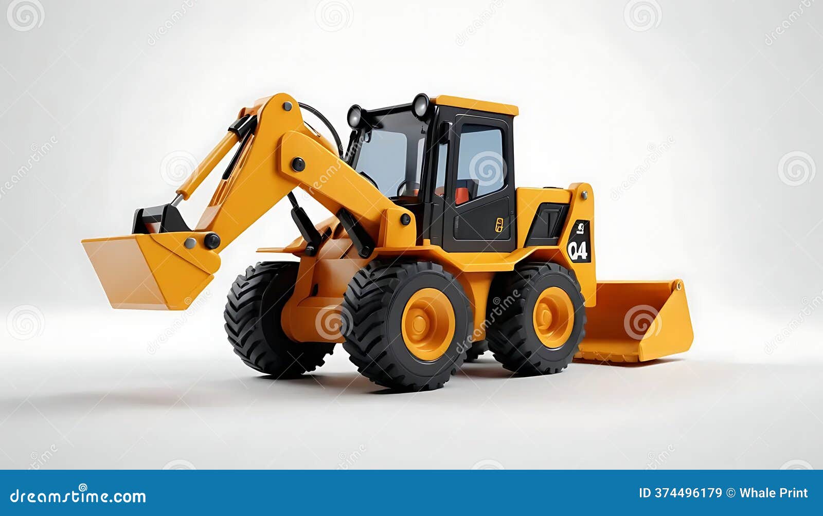 Yellow Backhoe With Hydraulic Piston Arm Isolated On White. Heavy ...