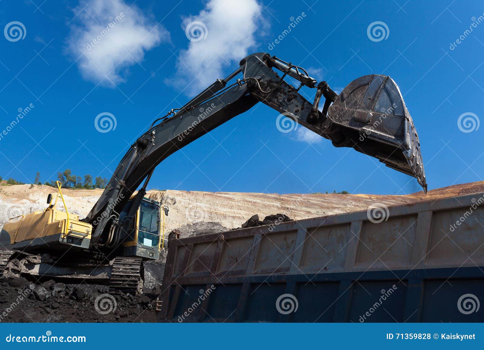 Yellow Backhoe Work in Coalmine Stock Photo - Image of equipment, work ...